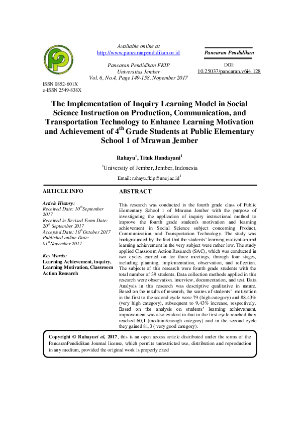 (PDF) The Implementation of Inquiry Learning Model in Social Science ...
