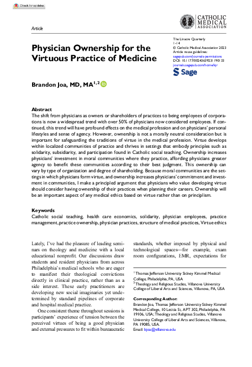 (PDF) Physician Ownership for the Virtuous Practice of Medicine
