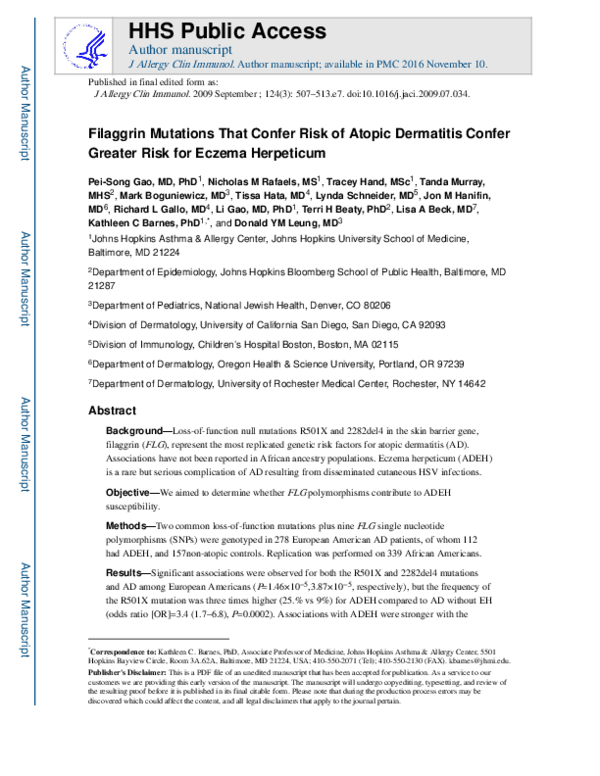(PDF) Filaggrin mutations that confer risk of atopic dermatitis confer ...