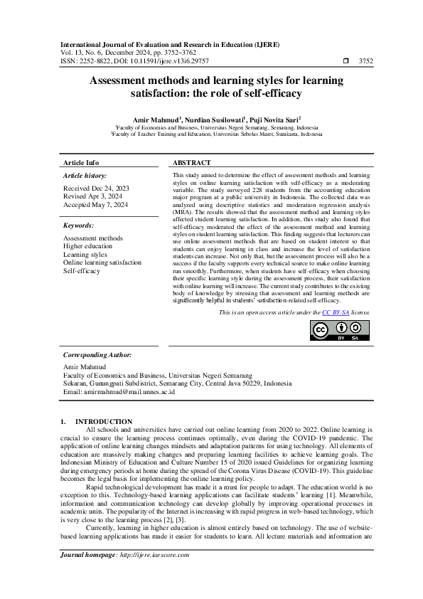 (PDF) Assessment methods and learning styles for learning satisfaction: the role of self-efficacy