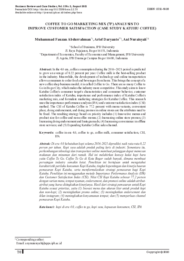 (PDF) Coffee to Go Marketing Mix (7P) Analysis to Improve Customer Satisfaction (Case Study ...