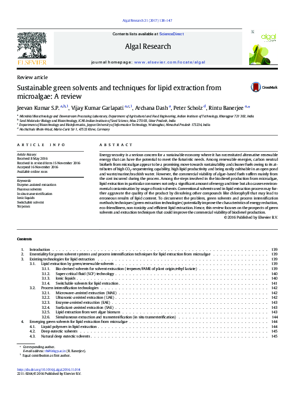 (PDF) Sustainable green solvents and techniques for lipid extraction from microalgae: A review