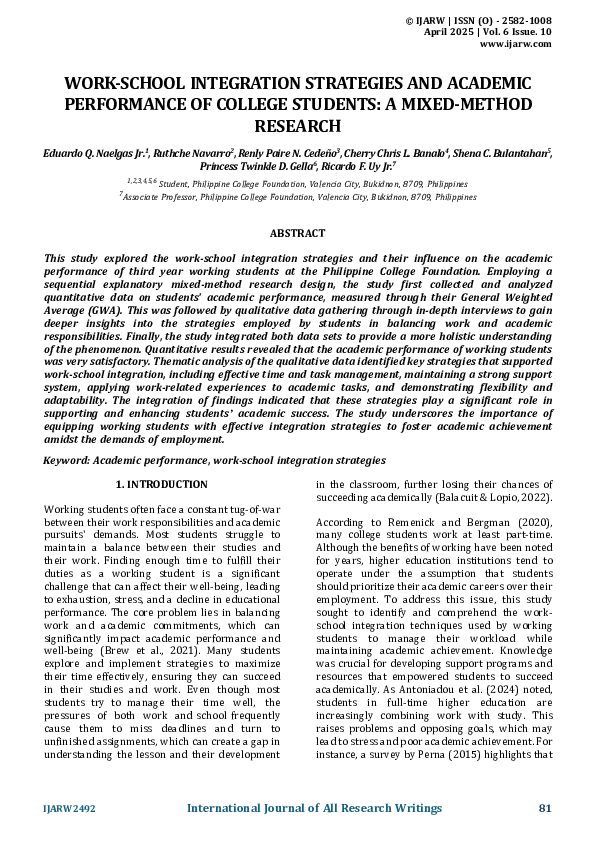 (PDF) WORK-SCHOOL INTEGRATION STRATEGIES AND ACADEMIC PERFORMANCE OF ...
