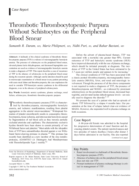 (PDF) Thrombotic Thrombocytopenic Purpura Without Schistocytes on the ...