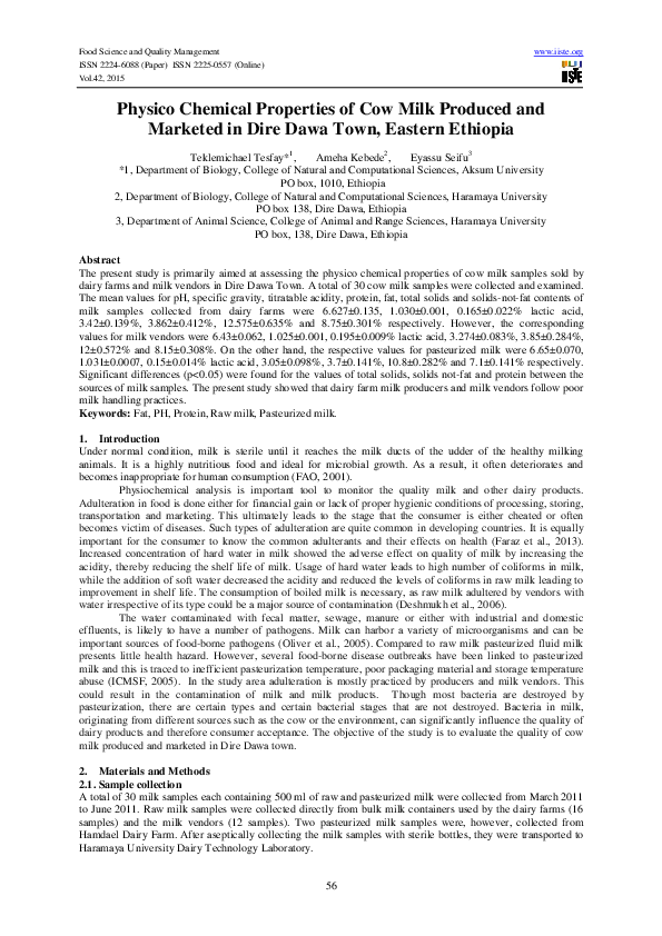 (PDF) Physico Chemical Properties of Cow Milk Produced and Marketed in ...