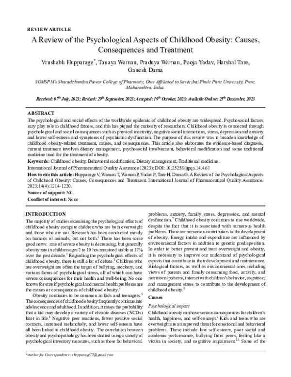 (PDF) A Review of the Psychological Aspects of Childhood Obesity: Causes, Consequences and Treatment