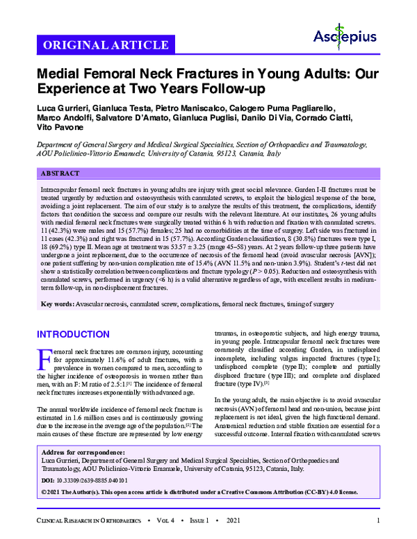 (PDF) Medial Femoral Neck Fractures in Young Adults: Our Experience at ...