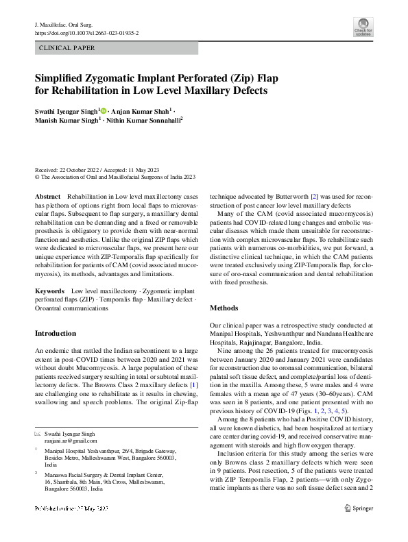 (PDF) Simplified Zygomatic Implant Perforated (Zip) Flap for ...