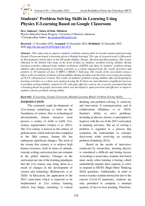 (PDF) Students’ Problem Solving Skills in Learning Using Physics E-Learning Based on Google ...