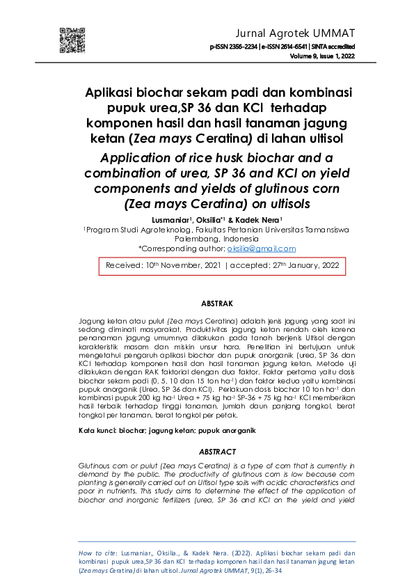 (PDF) Aplikasi biochar sekam padi dan kombinasi pupuk urea,SP 36 dan ...