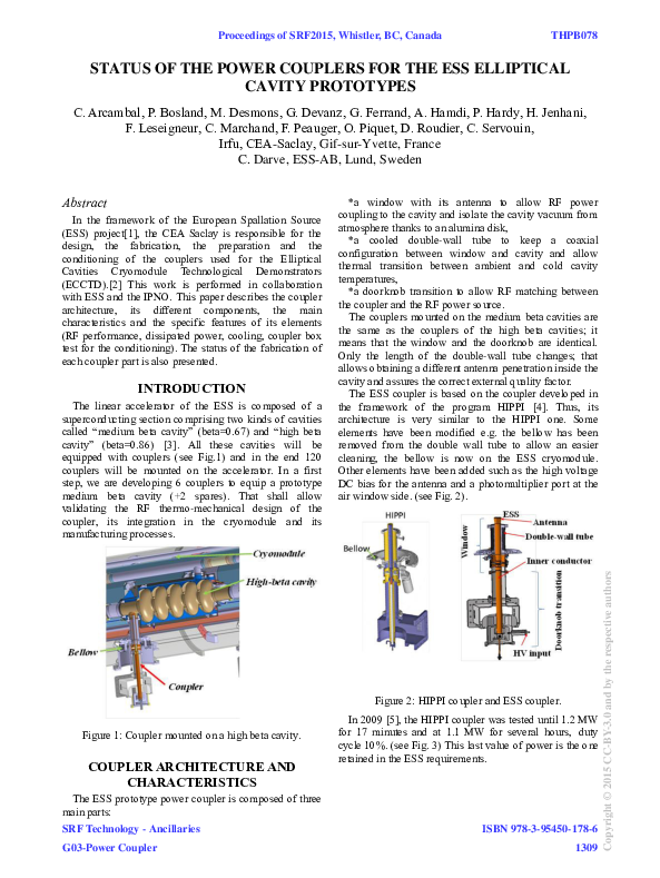 (PDF) Status of the Power Couplers for the ESS Elliptical Cavity Prototypes