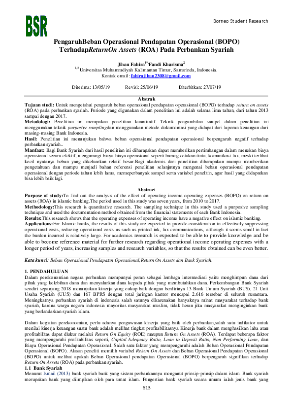 (PDF) Pengaruh Beban Operasional Pendapatan Operasional (BOPO) Terhadap Return On Assets (ROA ...
