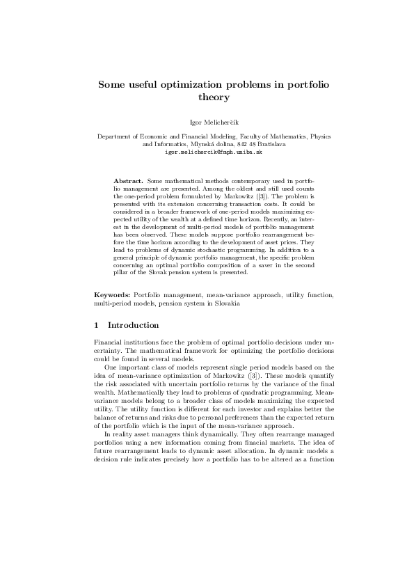 (PDF) Some useful optimization problems in portfolio theory