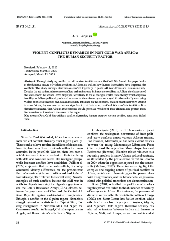 (PDF) VIOLENT CONFLICTS DYNAMICS IN POST-COLD WAR АFRICA: THE HUMAN ...