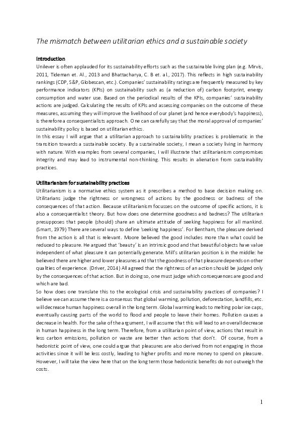 (PDF) The mismatch between utilitarian ethics and a sustainable society