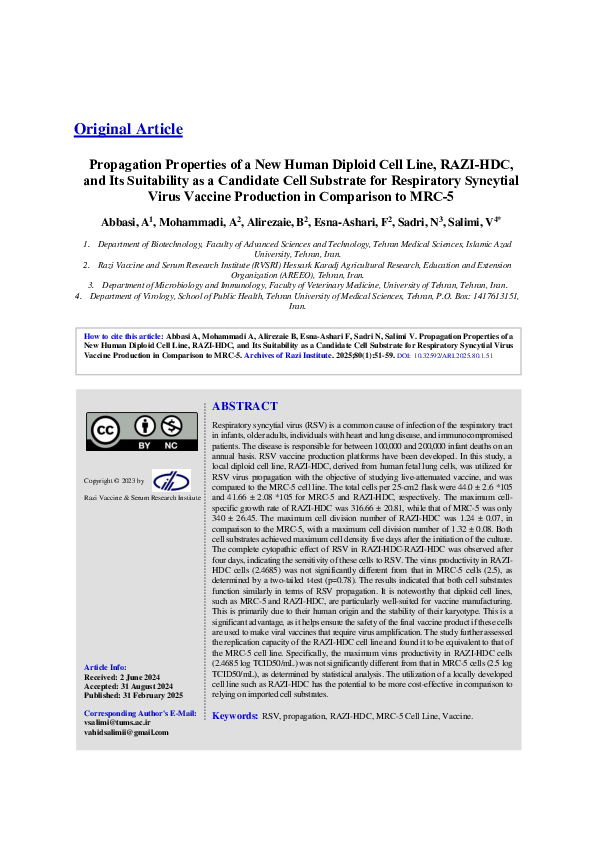 (PDF) Propagation Properties of a New Human Diploid Cell Line, RAZI-HDC ...