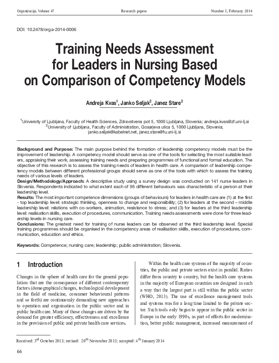 (PDF) Training Needs Assessment for Leaders in Nursing Based on Comparison of Competency Models