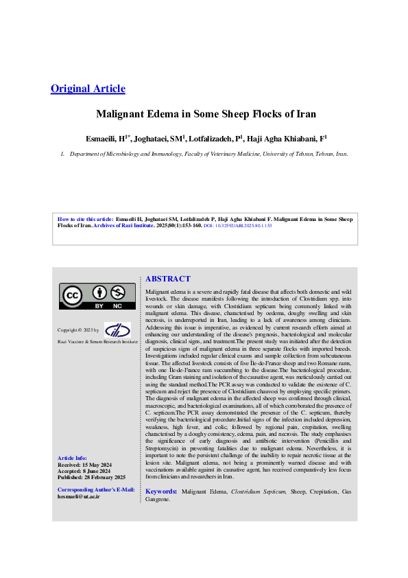 (PDF) Malignant Edema in Some Sheep Flocks of Iran