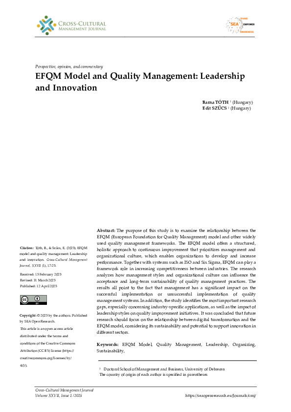 (PDF) EFQM MODEL AND QUALITY MANAGEMENT: LEADERSHIP AND INNOVATION