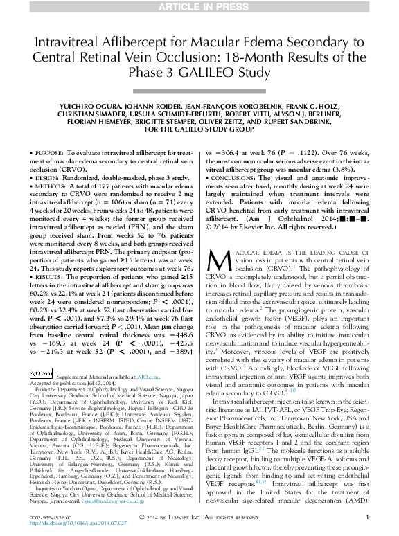 (PDF) Intravitreal aflibercept for macular edema secondary to central ...