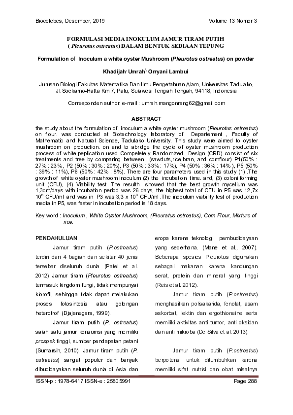 (PDF) FORMULASI MEDIA INOKULUM JAMUR TIRAM PUTIH ( Pleurotus ostreatus ...