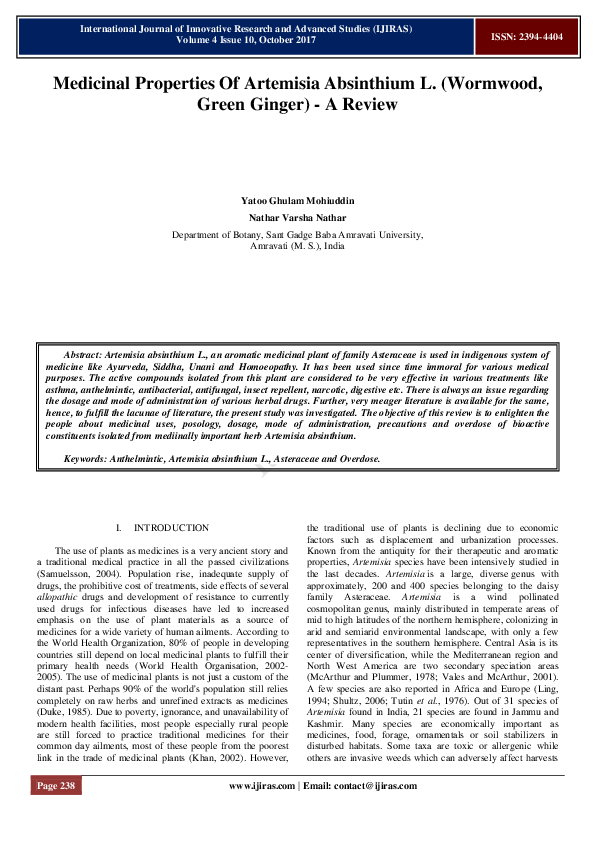 (PDF) Medicinal Properties Of Artemisia Absinthium L. (Wormwood, Green ...