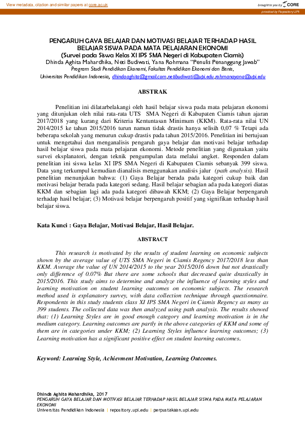 (PDF) PENGARUH GAYA BELAJAR DAN MOTIVASI BELAJAR TERHADAP HASIL BELAJAR SISWA PADA MATA ...