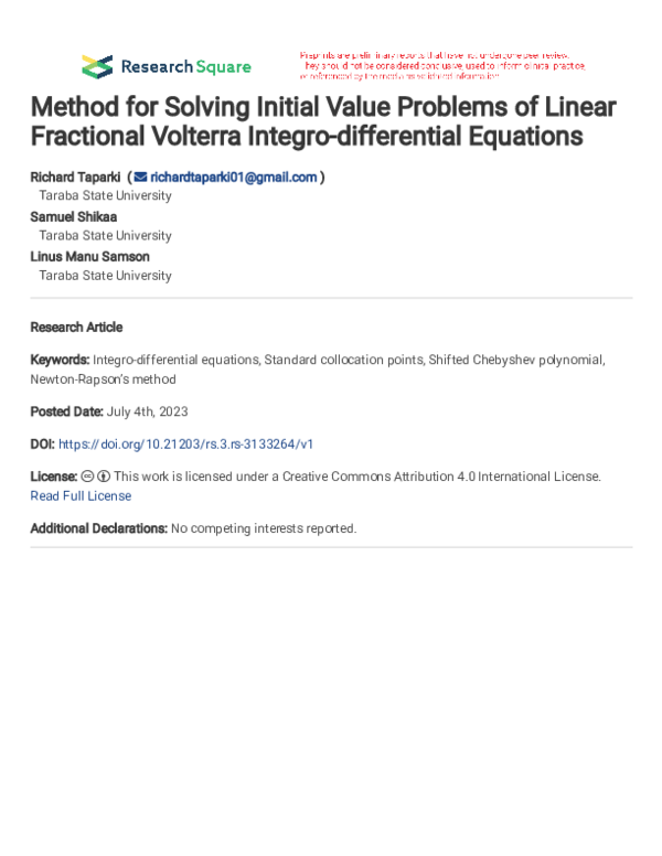 (PDF) Method for Solving Initial Value Problems of Linear Fractional Volterra Integro ...