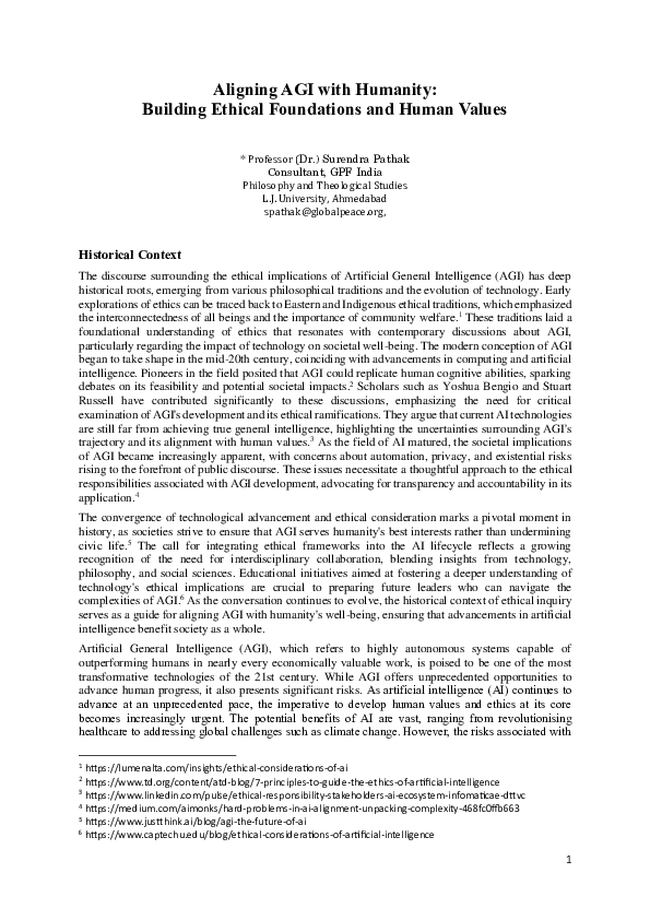 (PDF) Aligning AGI with Humanity: Building Ethical Foundations and Human Values