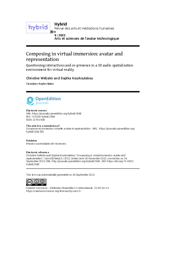 (PDF) Composing in virtual immersion: avatar and representation