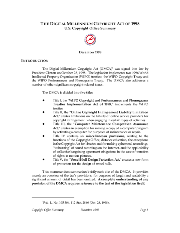 (PDF) THE DIGITAL MILLENNIUM COPYRIGHT ACT OF 1998