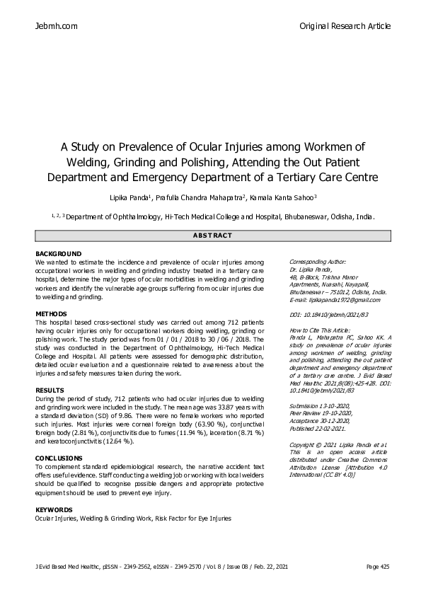 (PDF) A Study on Prevalence of Ocular Injuries among Workmen of Welding ...