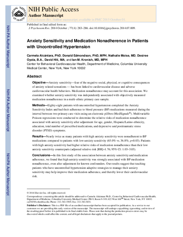 (PDF) Anxiety sensitivity and medication nonadherence in patients with ...