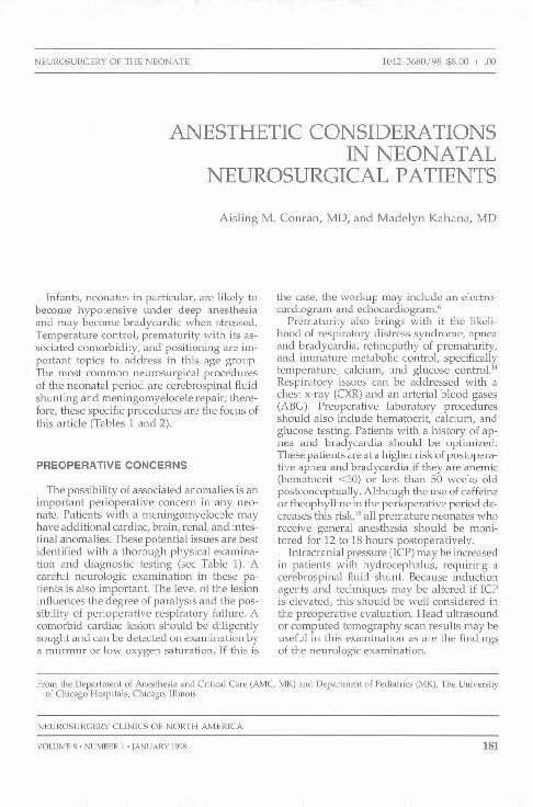 (PDF) Anesthetic Considerations in Neonatal Neurosurgical Patients