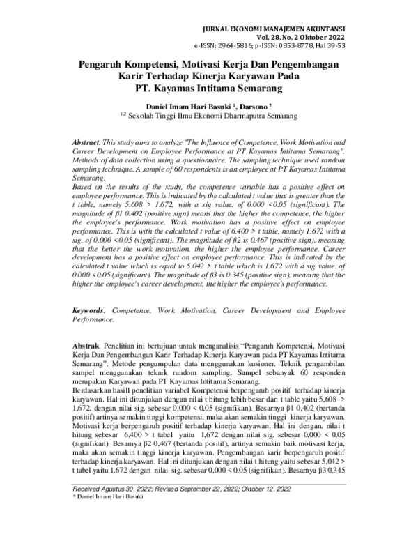 (PDF) Pengaruh Kompetensi, Motivasi Kerja Dan Pengembangan Karir Terhadap Kinerja Karyawan Pada ...