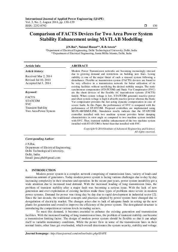 (PDF) Comparison of FACTS Devices for Two Area Power System Stability Enhancement using MATLAB ...