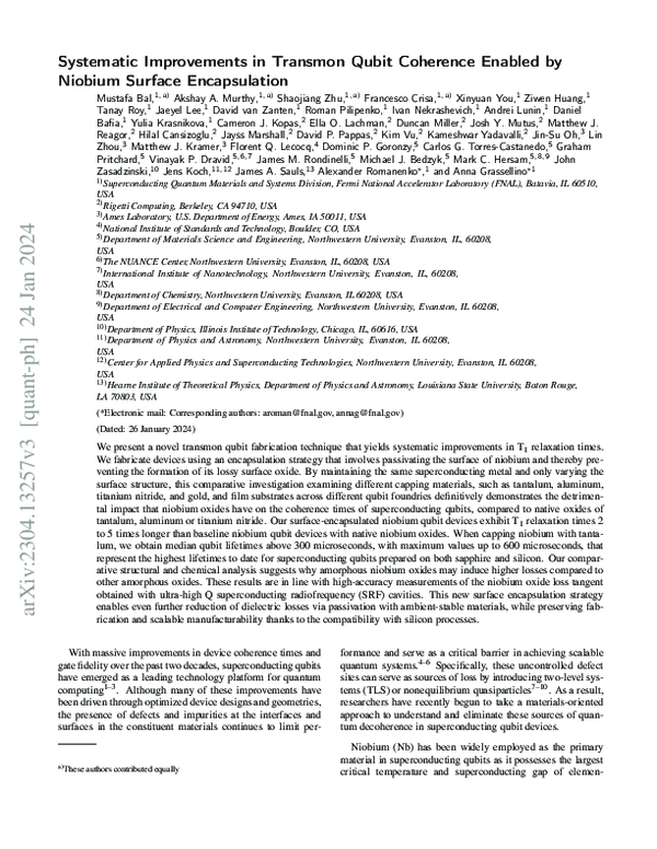Pdf Systematic Improvements In Transmon Qubit Coherence Enabled By Niobium Surface Encapsulation