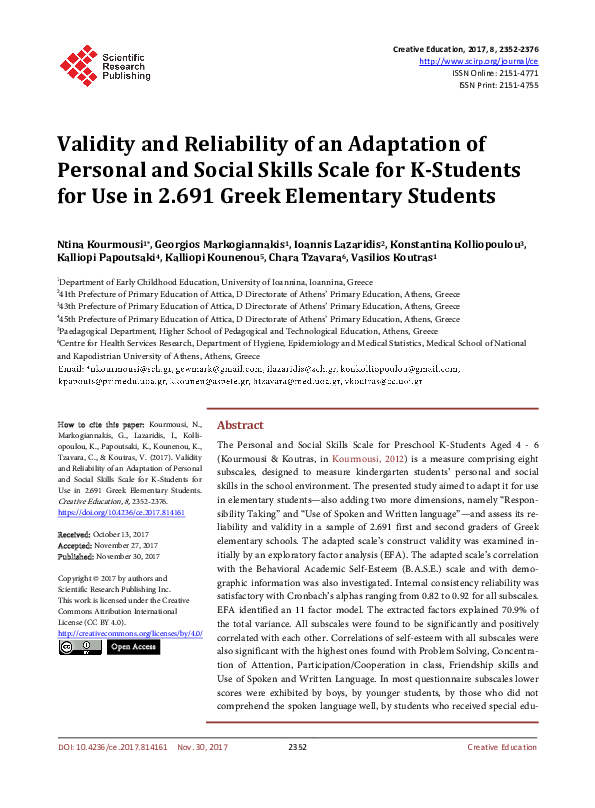 (PDF) Validity and Reliability of an Adaptation of Personal and Social ...