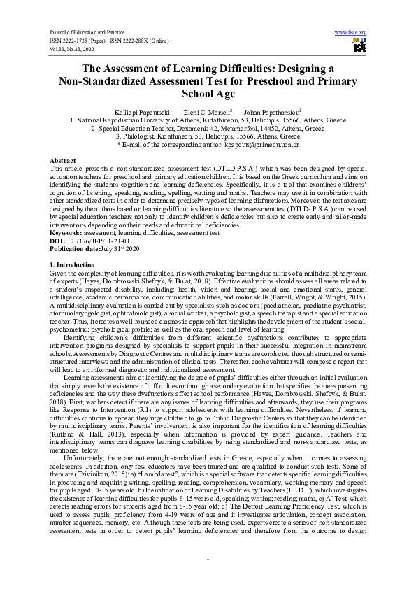 (PDF) The Assessment of Learning Difficulties: Designing a Non ...