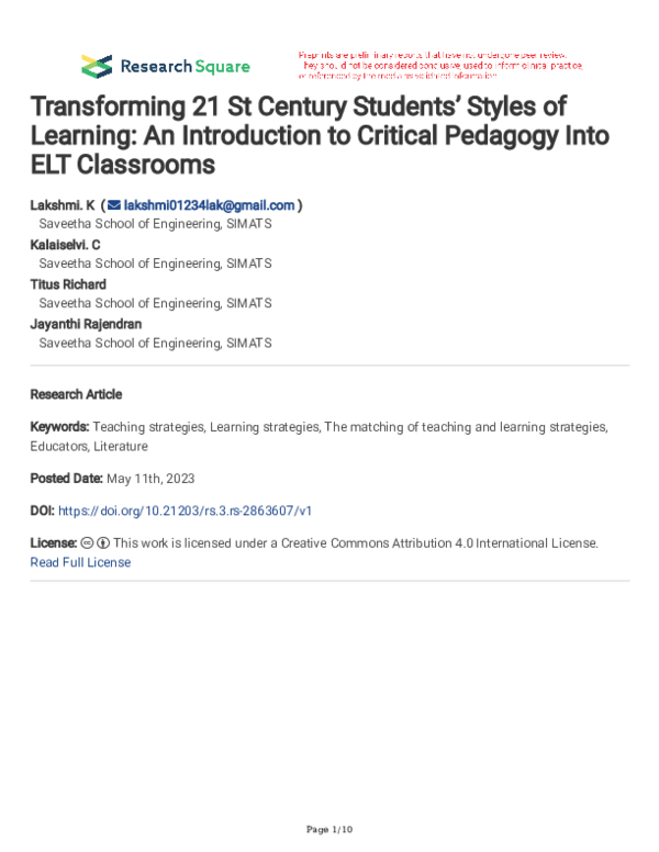 (PDF) Transforming 21 St Century Students’ Styles of Learning: An Introduction to Critical ...