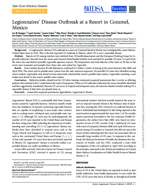 (PDF) Legionnaires' Disease Outbreak at a Resort in Cozumel, Mexico