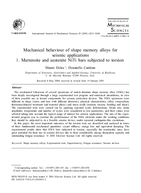 (PDF) Mechanical behaviour of shape memory alloys for seismic applications 1. Martensite and ...