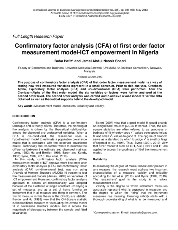 (PDF) Confirmatory factor analysis (CFA) of first order factor measurement model-ICT empowerment ...