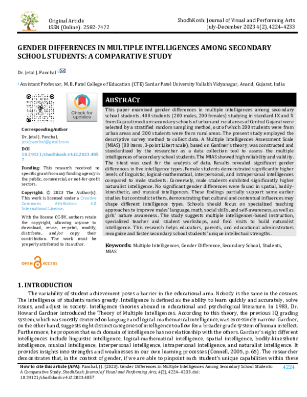 (PDF) GENDER DIFFERENCES IN MULTIPLE INTELLIGENCES AMONG SECONDARY ...