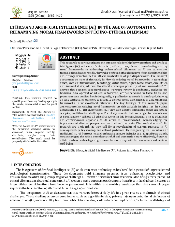 (PDF) ETHICS AND ARTIFICIAL INTELLIGENCE (AI) IN THE AGE OF AUTOMATION: REEXAMINING MORAL ...