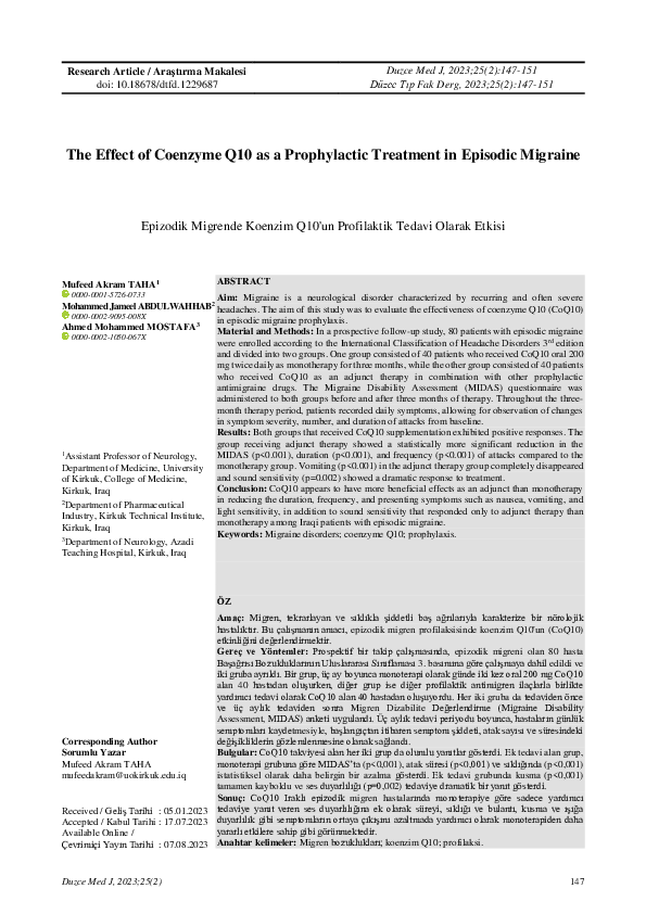 (PDF) The Effect of Coenzyme Q10 as a Prophylactic Treatment in ...