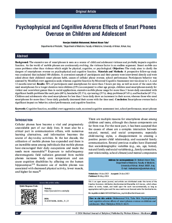 (PDF) Psychophysical and Cognitive Adverse Effects of Smart Phones ...