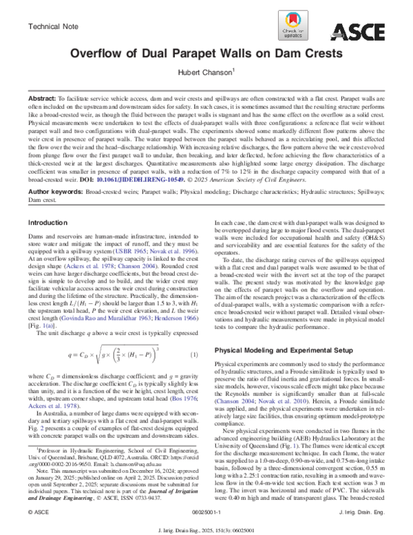 (PDF) Overflow of Dual Parapet Walls on Dam Crests
