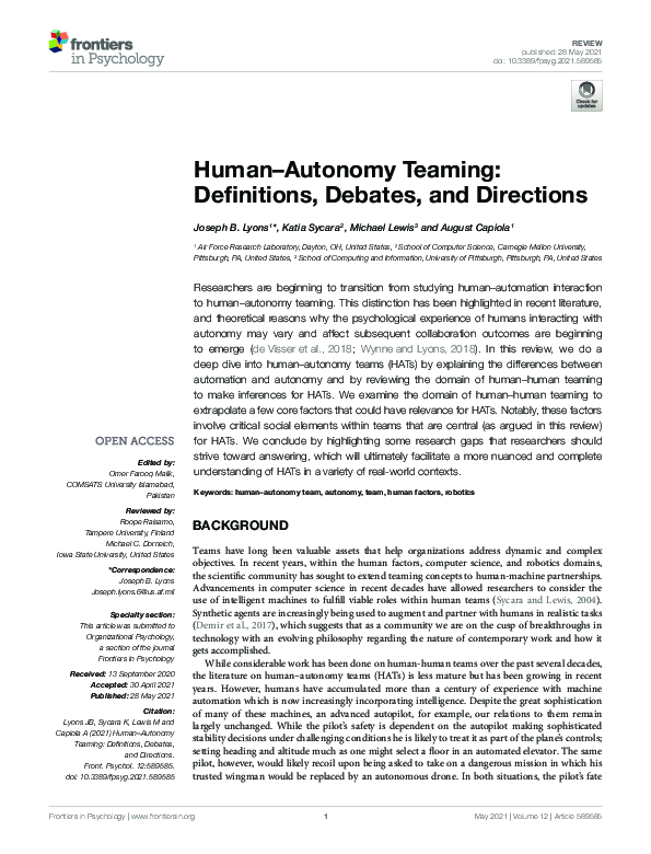 (PDF) Human–Autonomy Teaming: Definitions, Debates, and Directions