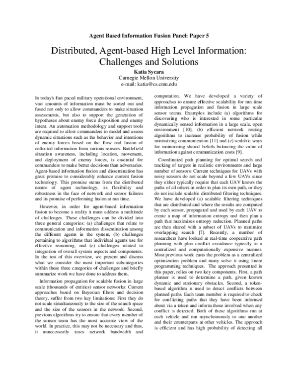 (PDF) Distributed, agent-based high level information: Challenges and solutions